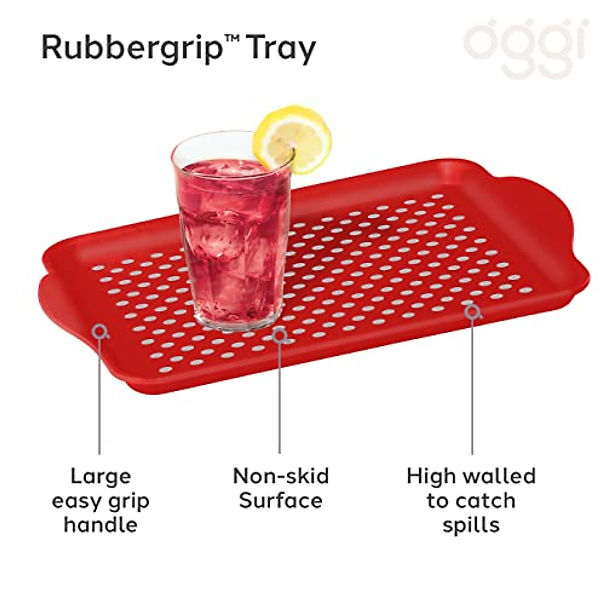 Oggi Anti Slip Serving Tray with Handles- Red Rectangle Tray - Ideal Tray for Eating, Breakfast Tray, Food Tray, Appetizer Tray, Serving, 5504.2, 17.5x11.5''