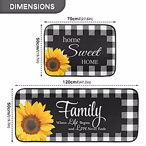 Black White Buffalo Plaid Check Sunflower Kitchen Rugs and Mats Set of 2 Non Slip Kitchen Floor Mats Comfort Standing Desk Mat for Doormat Bathroom Bedroom Runner Area Rug for Home Decor Washable