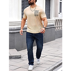 SOLY HUX Men's Graphic Tees Vintage T-Shirts Curved Hem Short Sleeve Crewneck Casual Trendy T Shirts Khaki Slogan Graphic S