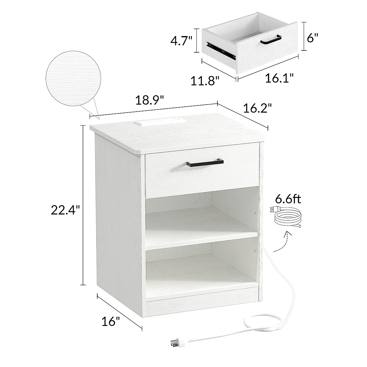 ODIKA Everyday Side Table with Fast Charging Station - USB C Cable Fast Charging, Wooden White Nightstand Bedside Table with Drawer, End Table with Optional Adjustable Shelf for Bedroom, Set of 1