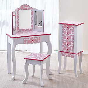 Teamson Kids Princess Gisele Giraffe Print 2-Piece Kids Wooden Play Vanity Set with Vanity Table, Tri-Fold Mirror, Storage Drawer, and Matching Stool, White with Pink Animal Print Accent