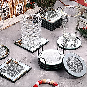 Mimorou 14 Pcs Glass Mirrored Coasters with Holder Set, 12 Round Square Crushed Diamond 4 Inch Bling Crystal Cup Mat 2 Black Decor on Tabletop for Coffee Dining Table