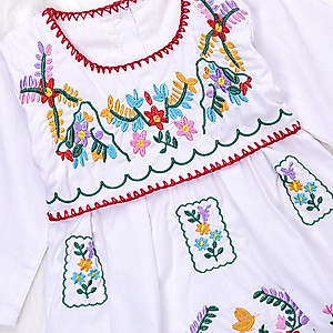 Kashoer Newborn Toddler Baby Girls Ethnic Embroidery Floral Dress Long Sleeve Party Sundress Skirt (6-12Months, White)