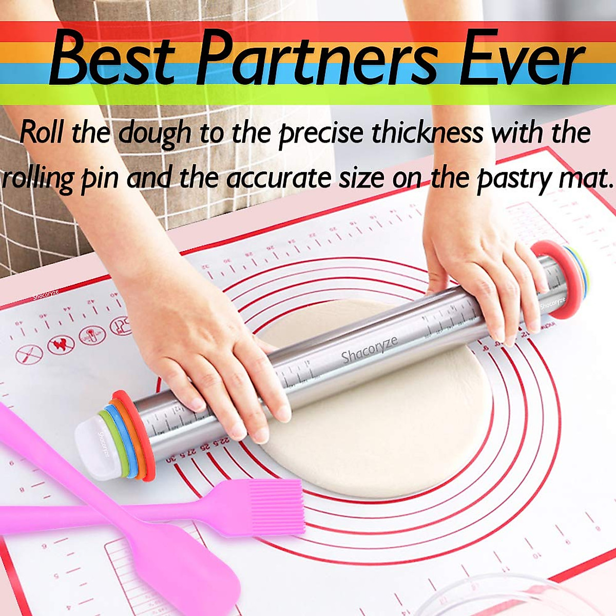 Shacoryze Rolling Pin with 4 Thickness Rings, Adjustable French Dough Roller Stainless Steel Nonstick Pastry Mat Spatula Brush Set for Baking Fondant, Pizza, Tortilla, Pasta, Pie, Pastries, Cookies