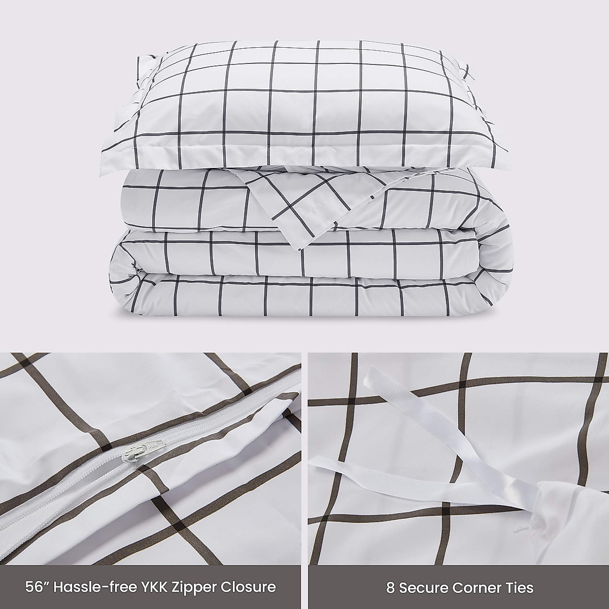 SLEEP ZONE Bedding Duvet Cover Sets Printed Grey Grid Pattern 120gsm Ultra Soft Zipper Closure Corner Ties, Grey Grid on White, King (104 x 90 inch | 2 Pillow Shams)