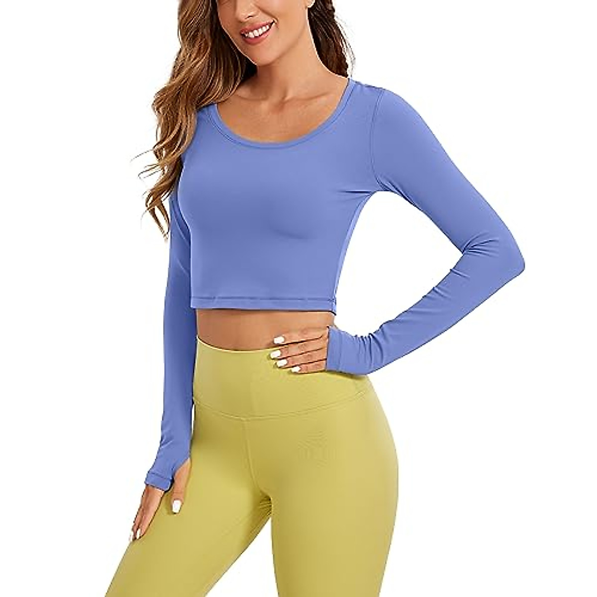 CRZ YOGA Butterluxe Long Sleeve Crop Tops for Women Slim Fit Workout Shirts Cropped Athletic Gym T-Shirts Wild Indigo Medium