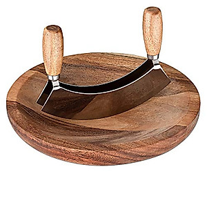 Navaris Cutting Board & Mezzaluna Knife - Wooden Chopping Board & 2-Bladed Curved Herb Cutter - Round Acacia Wood Board & Double Blade Rocker Chopper