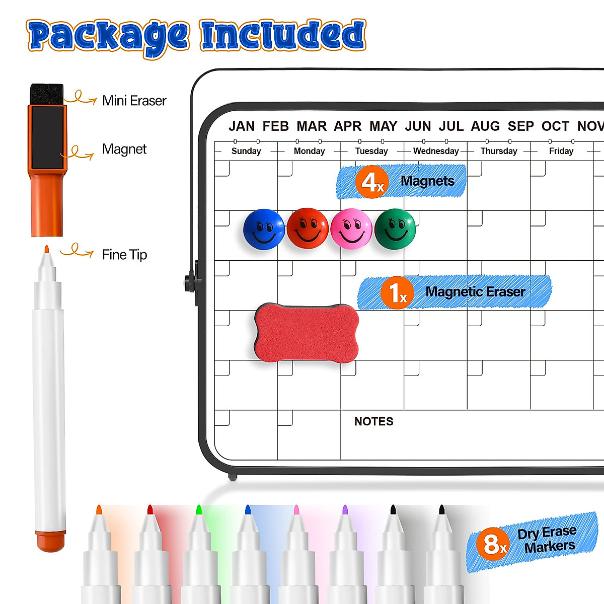 Xpener Dry Erase Calendar White Board for Wall, 14" x 11" Magnetic Double-Sided Whiteboard with Stand for Desktop, Kids Desk Whiteboard Monthly Planner Schedule Board for Home, Office, School (Black)