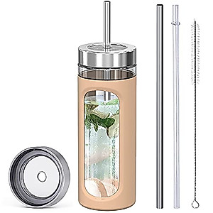 Kodrine Glass tumbler with straw and lid 20oz Glass Smoothie Cup with Silicone Protective Sleeve PBA FREE (Amber, Hollow Silicone Sleeve+Reusable Metal Straw)