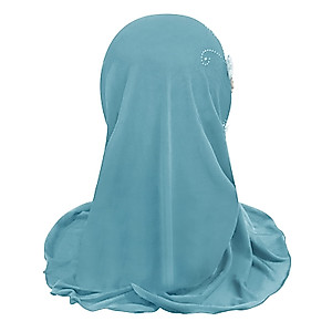 Girls Muslim Hijab Floral Lace Head Scarf Islamic Arab Scarf Shawls Head Wrap with Flowers Rhinestones for Girls