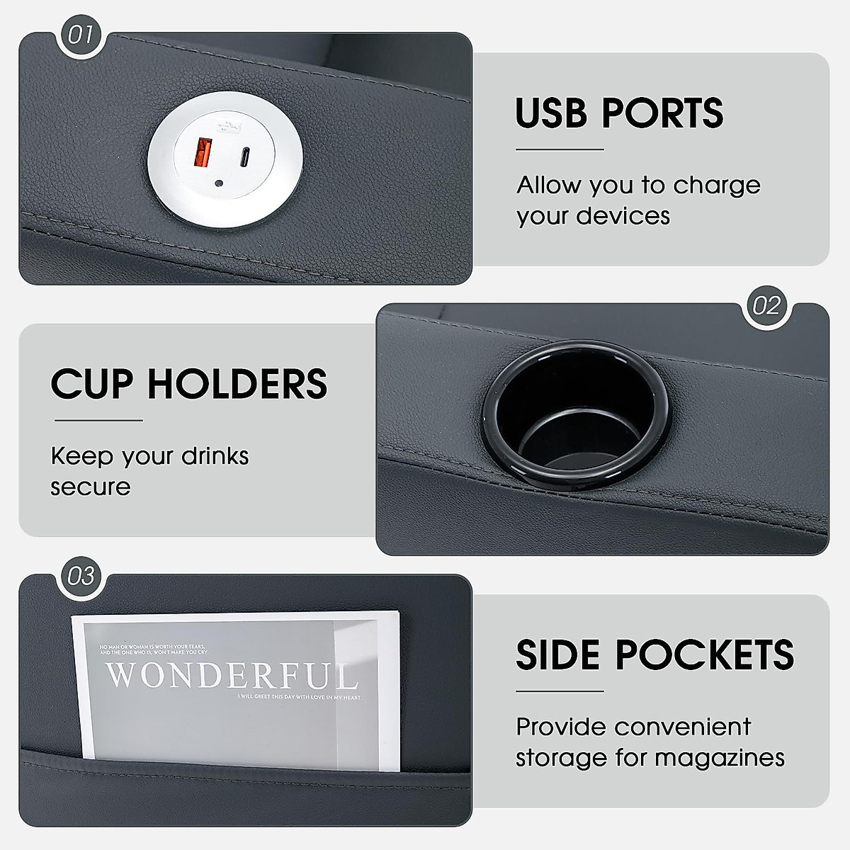 NIOIIKIT Convertible 3-in-1 Pull Out Bed, Leather Upholstered Single Sleeper Sofa Bed with USB Ports, Cup Holders & Side Pockets, Lounge Chaise for Living Room (Light Grey Leather)