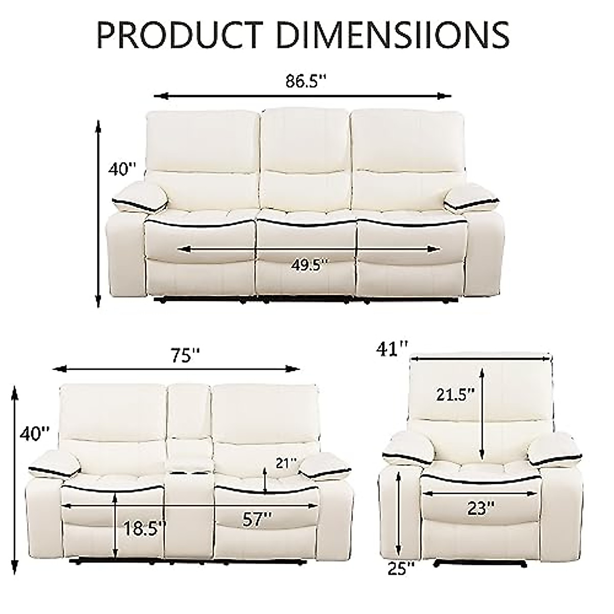 GEBADOL Manual Leather Sofa Set, Living Room Furniture Set,Leather Recliner Couch Set for Living Room/Apartment/Office(Sofa+Loveseat+Chair, 3 Pieces Leather Couch Set) Cream White