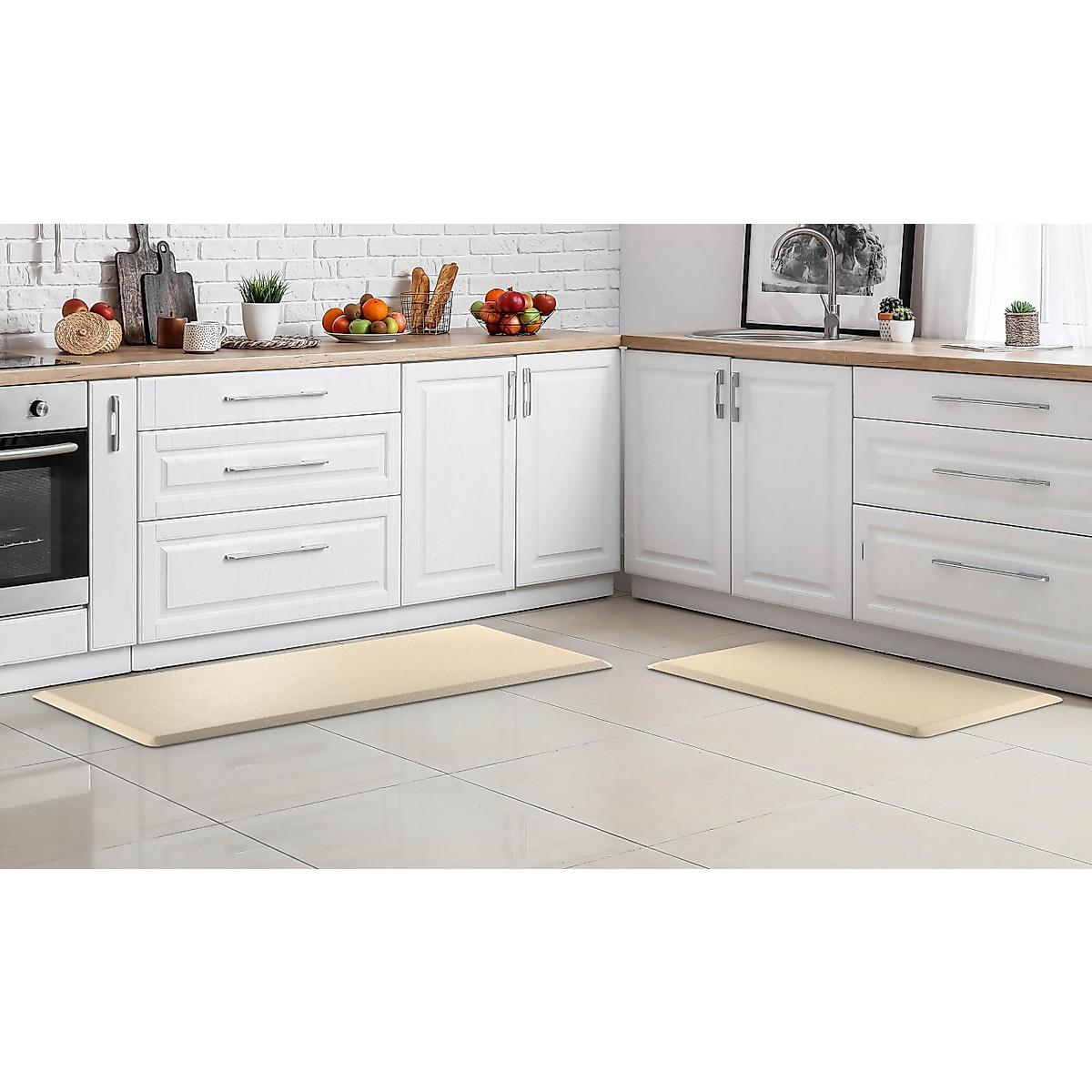 More Décor Anti Fatigue Kitchen Floor Mat, Standing Desk Mat, Double Pack, Non Slip, Waterproof - 0.47 Inches Thick - Rug Sizes 17.3" x 28" and 17.3" x 47.2" - Beige