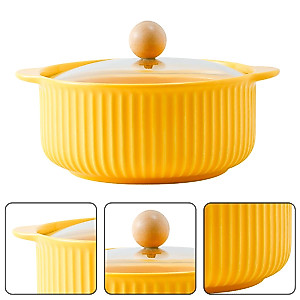 LIFKOME Ceramic Soup Bowl With Handles And Lid Ceramic Serving Bowl Set for Soup Instant Noodles Soup Mug Modern Simple Style Cereal Bowl Table Decoration Yellow