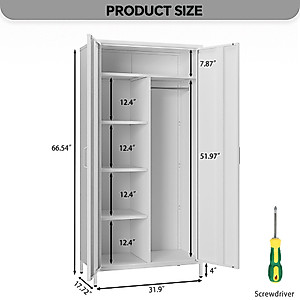 MIOCASA Metal Armoire, Wardrobe Closet Cabinet with 1 Hanging Rod and 4 Shelves Steel Storage Locker Clothes Organizer for Bedroom, Changing Room, Laundry Room, Office - White
