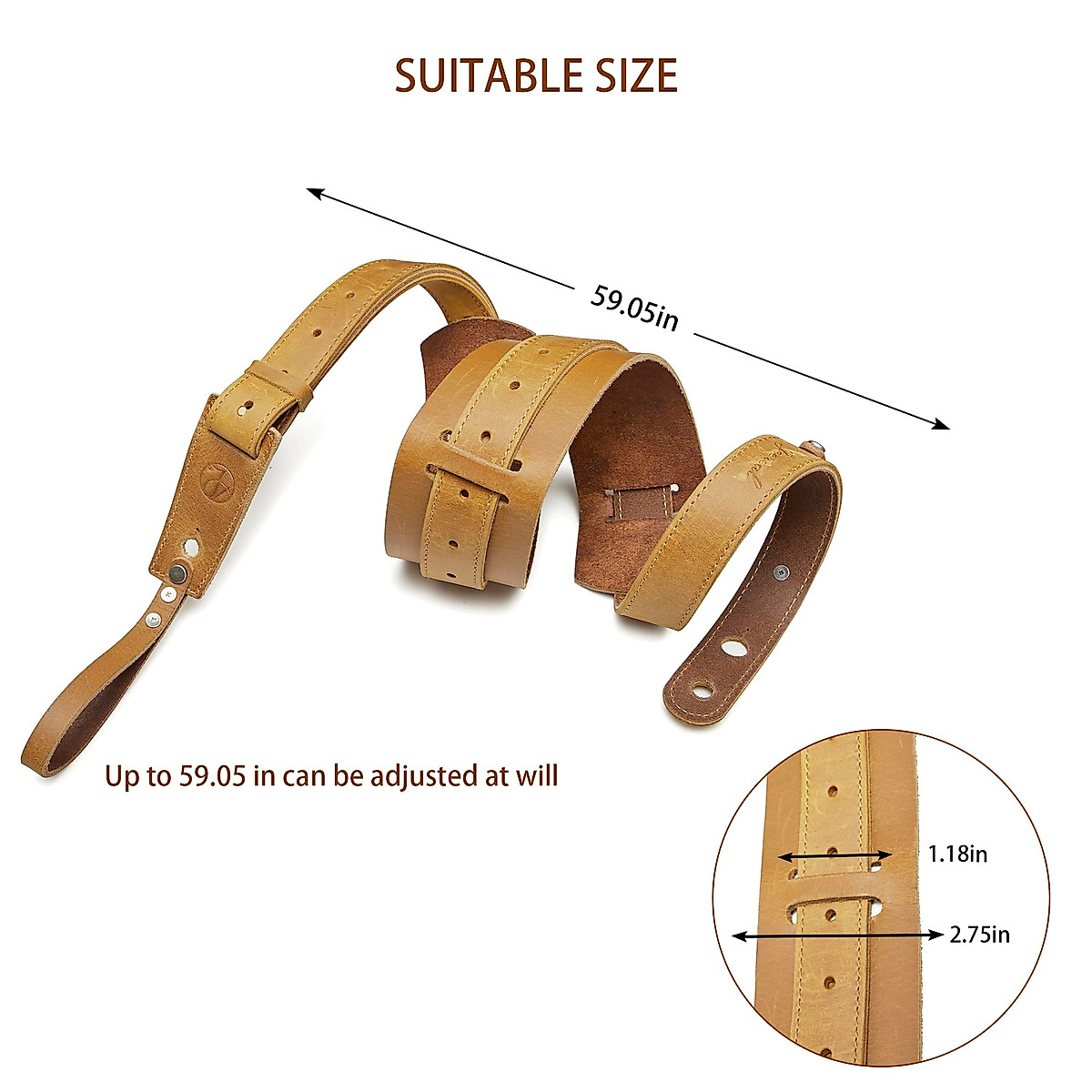 Jeereal Full Grain Genuine Padded Leather vintage Guitar Straps（3.0 Inches Width） for Electric, Acoustic, and Bass Guitars (Yellow Brown)