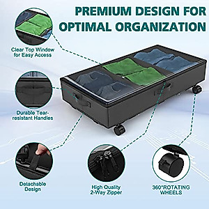 3rd Generation Under Bed Storage with Wheels 2-in-1 Underbed Storage Bins Containers Label Shoe Storage Organizer Drawer Bag Clear Window Solid Fabric for Bedroom Clothes Shoe Blanket (one-black)