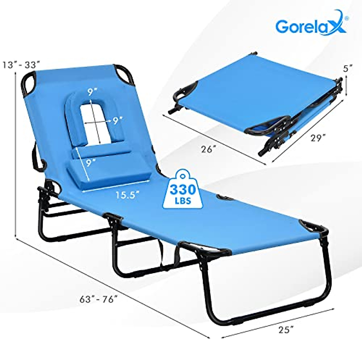 Giantex Chaise Folding Chair Adjustable Beach Patio Lounge Recliner, Blue