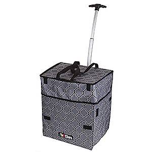 ArtBin 6822AG Rolling Tote, Lightweight Collapsible Art & Craft Storage Tote with Wheels, Retractable Handle, Shoulder Strap, Black/Gray Print