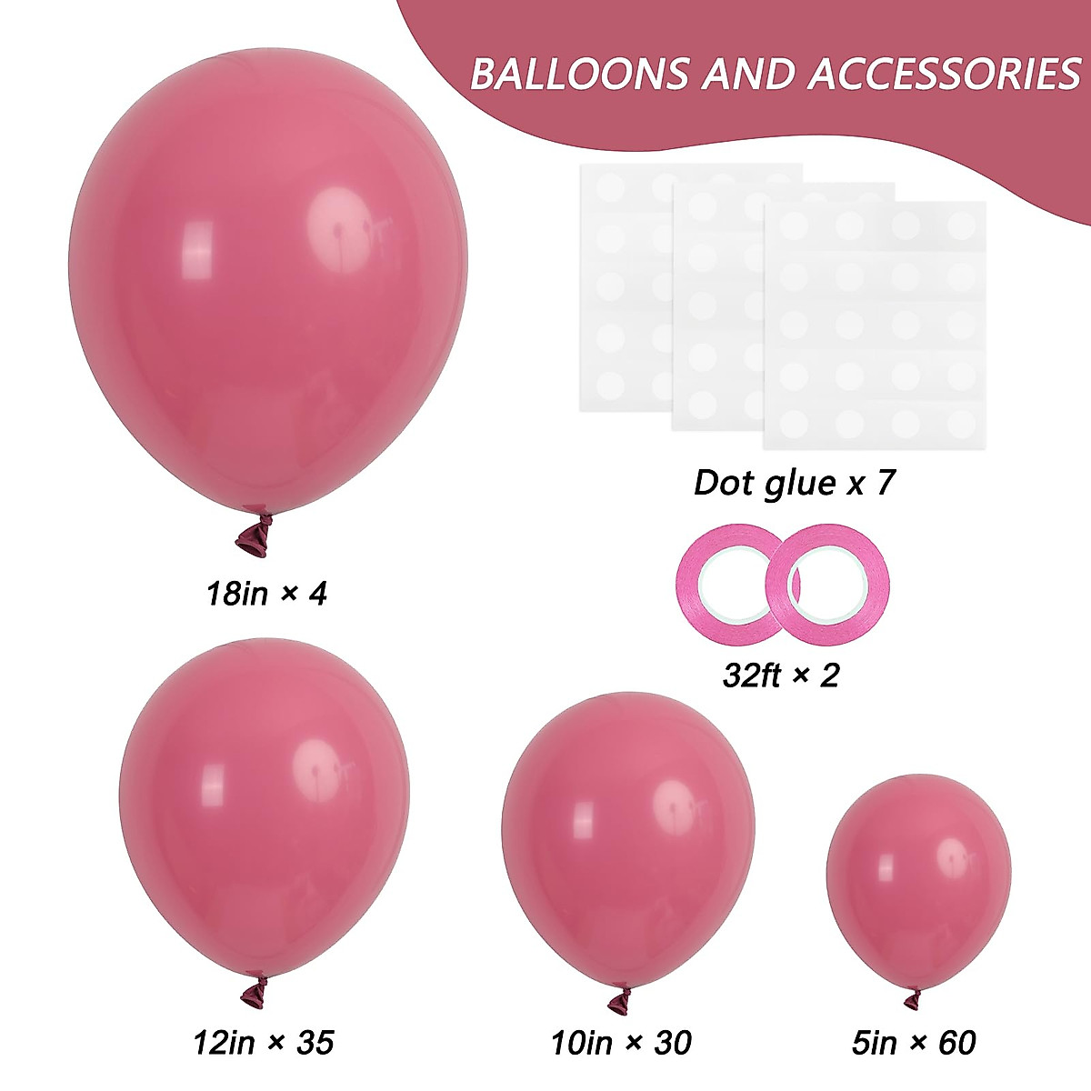 RUBFAC 129pcs Retro Hot Pink Balloons Latex Mauve Balloons Different Sizes 18 12 10 5 Inch Party Balloon Kit for Valentine's Day Birthday Baby Shower Wedding Princess Theme Party Decoration