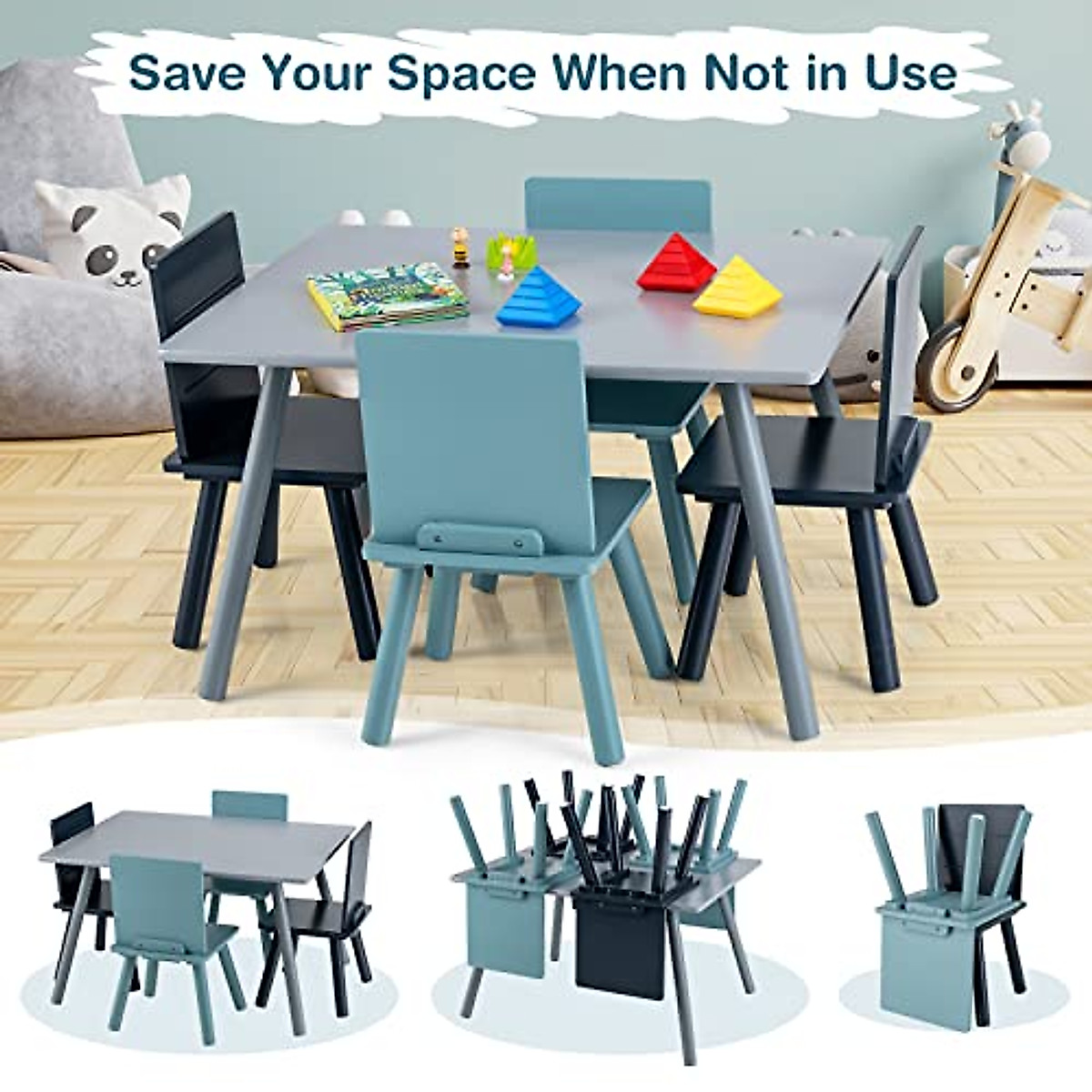 Costzon Kids Table and Chair Set, 5-Piece Toddler Table & 4 Chairs w/Toy Bricks for Arts, Crafts, Snack Time & Homework, Classroom Playroom Daycare Furniture for Boys & Girls Age 3-7 (Grey, Blue)