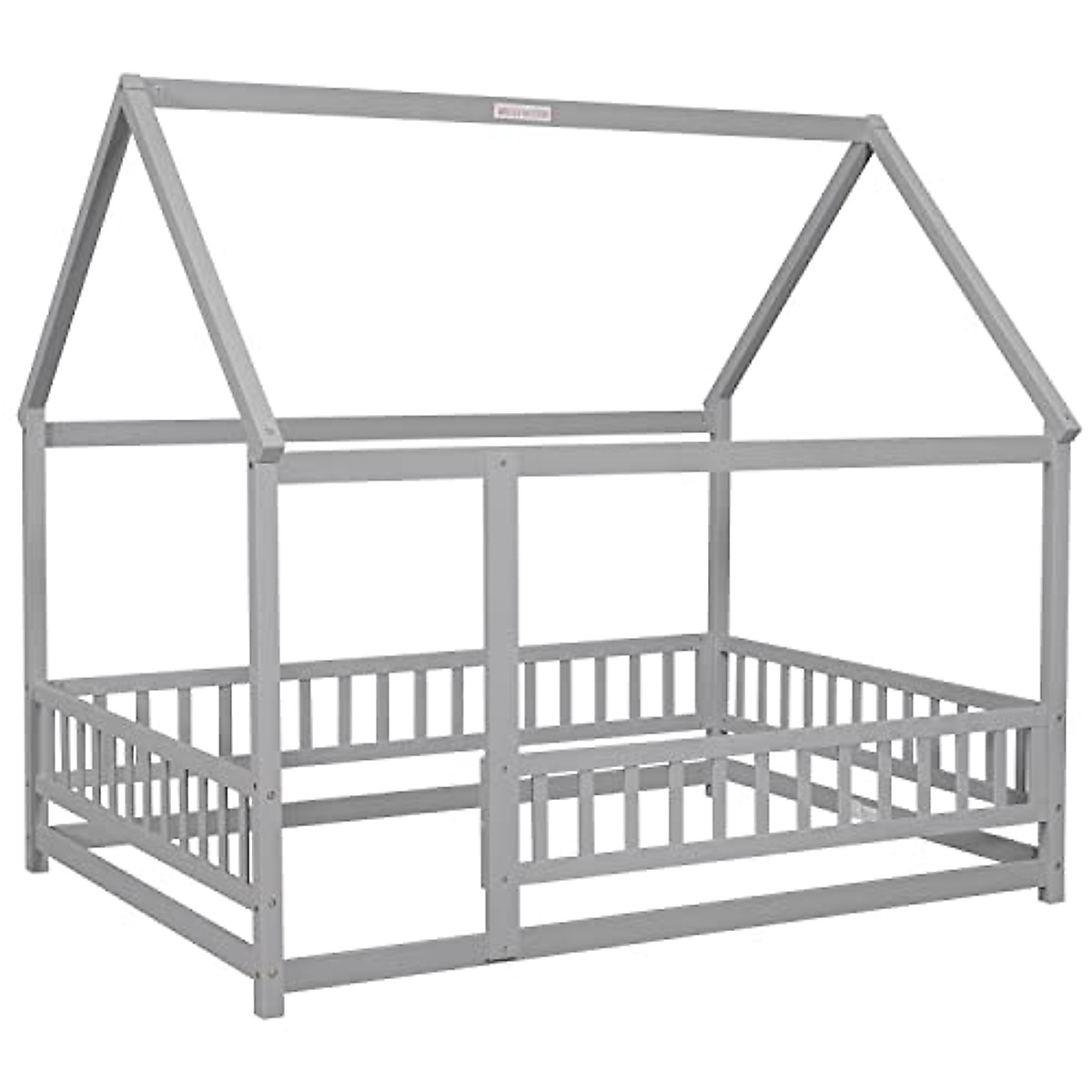 DEYOBED Full House Roof Floor Bed Frame - Wooden Bed with Fence Guardrails, Low Wooden Playhouse Bed for Girls and Boys, Gray Finish
