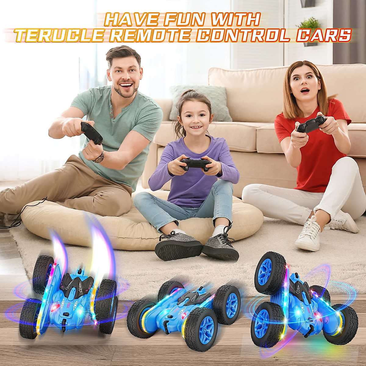 Terucle Remote Control Car, Rc Cars Stunt RC Car Toys New Upgraded Strip Lights and Headlights Car Toys Double-Sided 360° Rotating 4WD Rc Drift Truck for Boys Girls Birthday Gift (Blue)