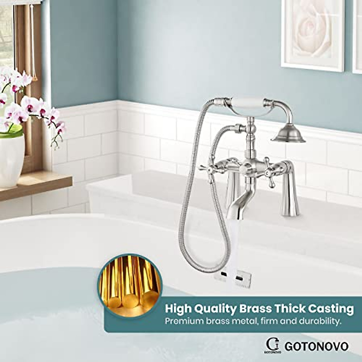 gotonovo Deck Mount Tub Bathtub Faucet Clawfoot with Handheld Shower 6 Inch Brushed Nickel Telephone Shaped Sprayer Showerheld Double Cross Handle