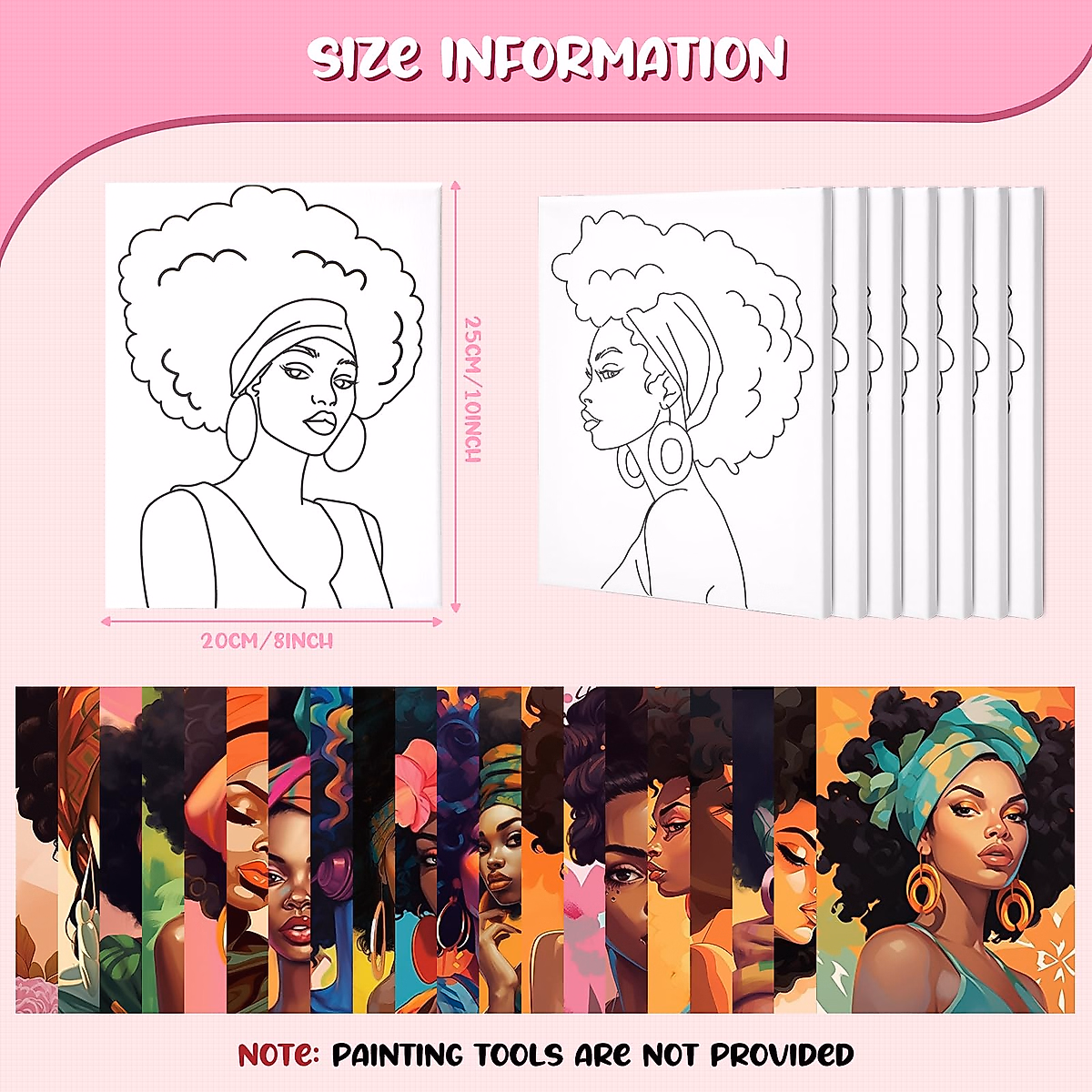 Sherr 20 Pcs Stretched Pre Drawn Canvas Afro Queen Black Art for Painting for Adults Outline Pre Drawn Stretched Cotton Canvas to Paint Party Set, 8 x 10''(Vivid)