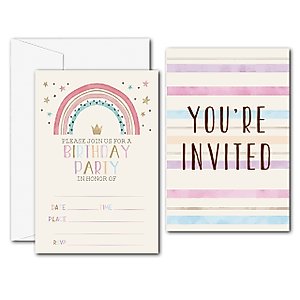 Disfuco Pink Rainbow Birthday Party Invitations - Boho Rainbow Party Supplies - Fill in The Blank Birthday Party Invites - 20 Invitation Cards With 20 Envelopes - (005A)