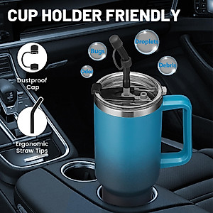 40 oz Insulated Tumbler with Handle and Straw Spout Lid - 100% Leak-proof Travel Coffee Cup, BPA Free Spill Proof Metal Mug, Vacuum Water Bottle- (Cold-34H & Hot-10H), Straw Cover, Silicone Boot