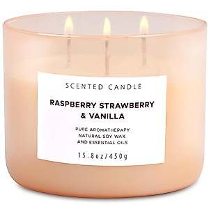 Raspberry Strawberry Vanilla Scented Candles for Home | Natural 3 Wick Soy Candle | Calming Aromatherapy Candle Gift for Women and Men | 15.8 Oz Large Relaxing Candle Highly Scented