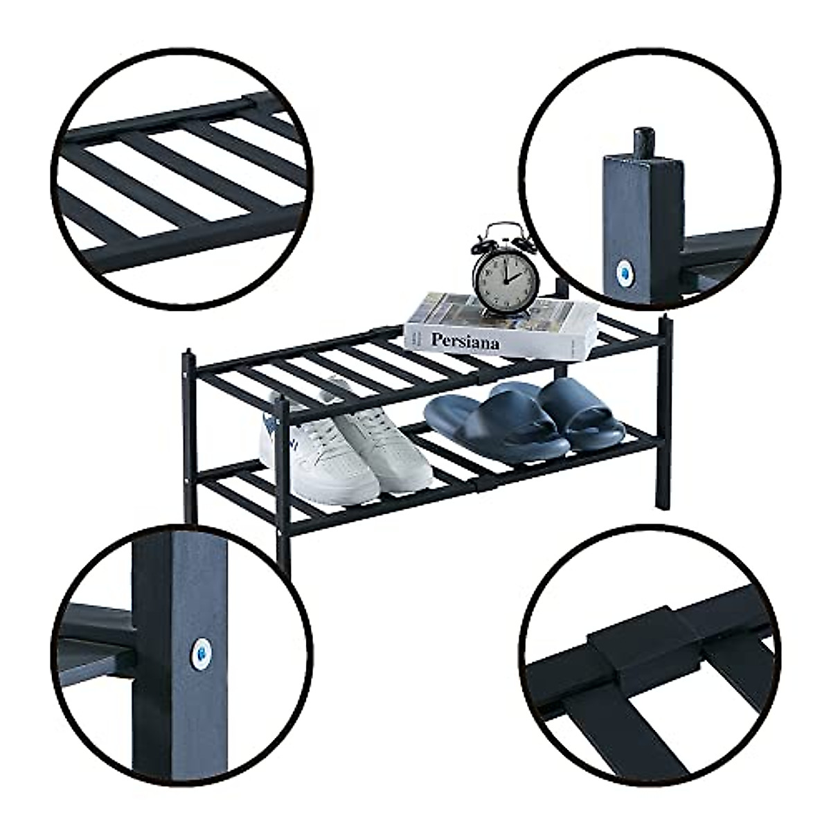 Dikolre Shoe Rack Organizer for Closet Entryway, 2-Tier Bamboo Stackable Shoe Rack Small Shoe Storage for Dorm Front Door Wooden Shoe Shelf, Black Brown