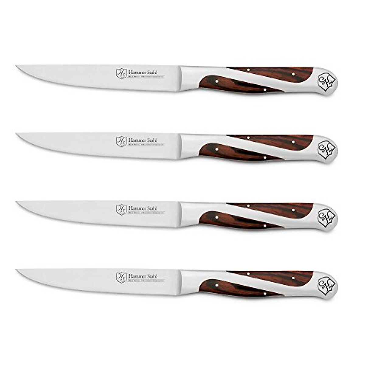 Hammer Stahl 4 Piece Steak Knife Set, 5-Inch - Non Serrated High Carbon German Steel - Ergonomic Quad-Tang Pakkawood Handle - Professional Balanced Cutlery