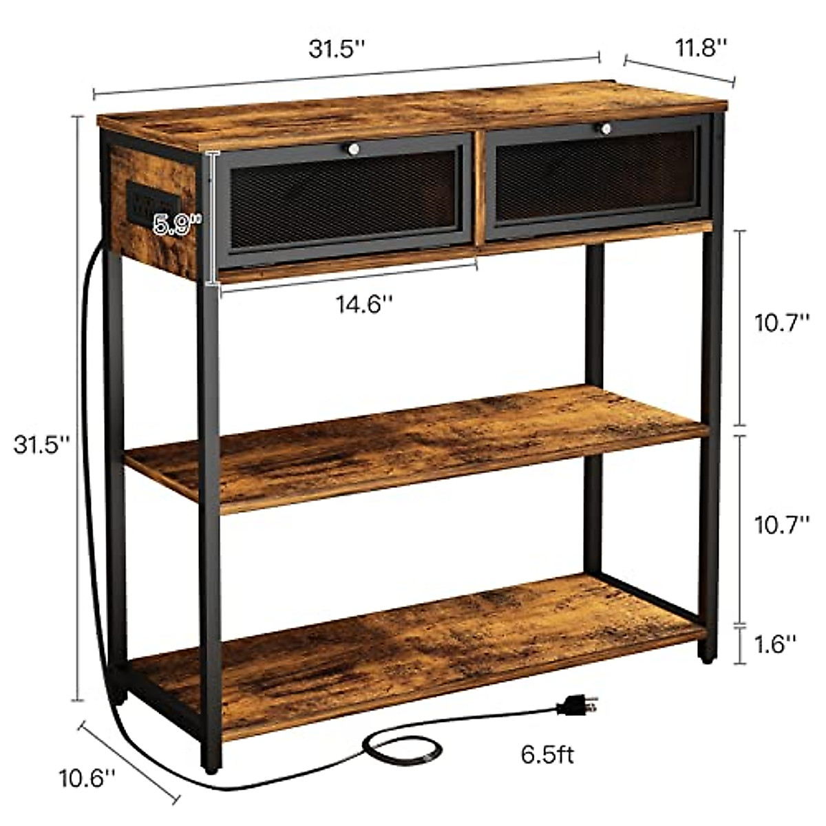 SOOWERY Console Table with Charging Station, 32'' Entryway Table with Doors, Sofa Table Narrow Long with 3 Tiers Open Wood Storage Shelves, for Living Room, Entryway, Foyer, Brown