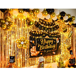 Birthday Party Decoration for Men Gold Curtains Birthday Backdrop Banner and Balloons Set Party Supplies with String Light for Men and Women Birthday Party