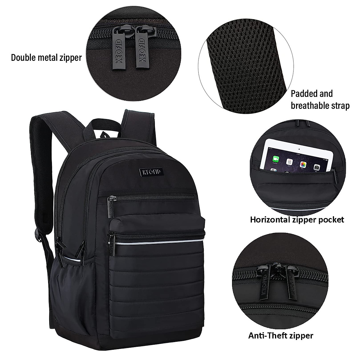 KEOFID Anti-thief travel laptop backpack with USB charging port for men and women,school bookbag for college girls and boys,(Full black)