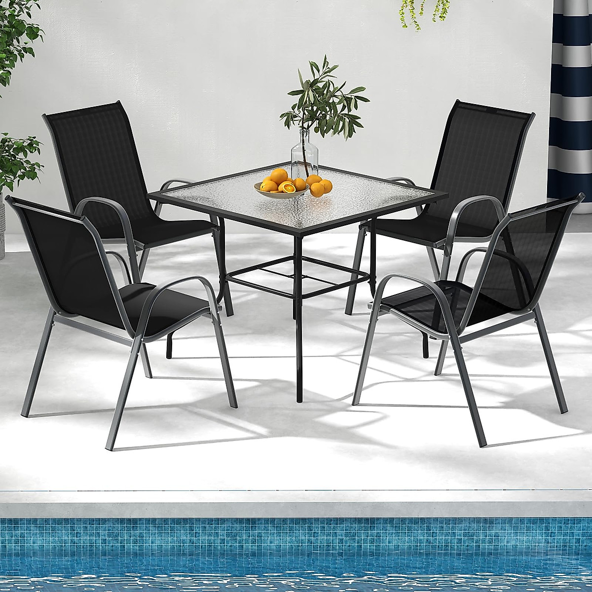 MEDIMALL Patio Chairs, Stackable Patio Chairs Set of 4, Black Lawn Chairs with Armrest & Breathable Fabric for All Weather, Outdoor Dining Chairs for Yard, Poolside, Balcony, Garden