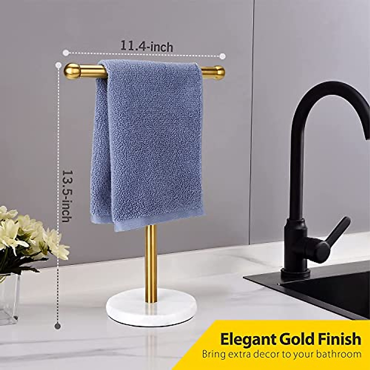 Pkfinrd Gold Hand Towel Holder Stand with Heavy Marble Base, T-Shape Towel Rack, Free-Standing for Bathroom Vanity Countertop, 304 Stainless Steel (Color : Gold)