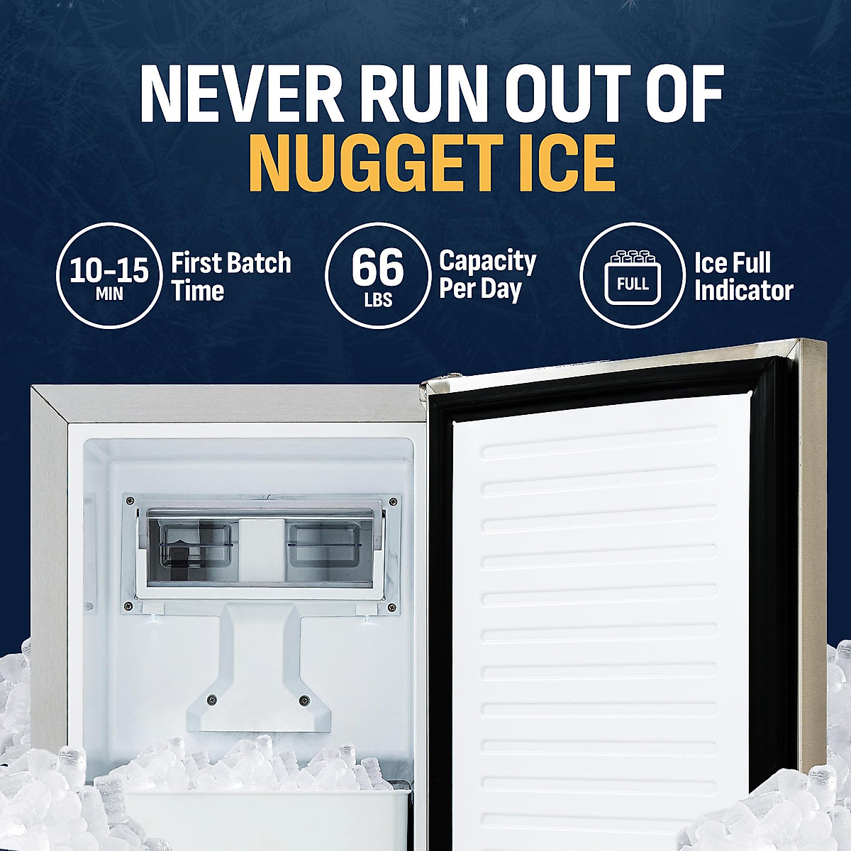Newair 15" Undercounter Nugget Ice Maker, Pebble Ice Maker Producing 66 lbs. Daily, Built-in or Freestanding in Stainless Steel, Sonic Ice Makers for Home, Bar, Restaurant