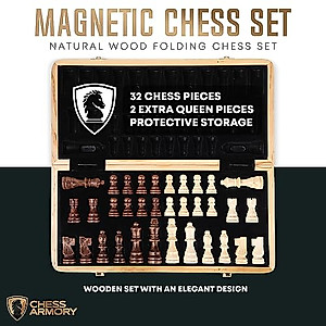 Chess Armory Magnetic Wooden Chess Set with Free Online Chess Course - 15 Inch Portable Travel Chess Board Game for Adults and Kids - Home Use and Educational Chess School and Chess Club Tournaments