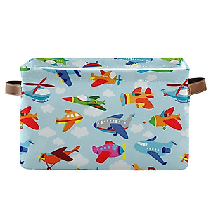 Airplane Storage Basket Collapsible Storage Bins Cubes Fabric Clothes Hamper Box Gift Baskets Toy Chest for Shelves Office Nursery Home Shoes with Leather Handles