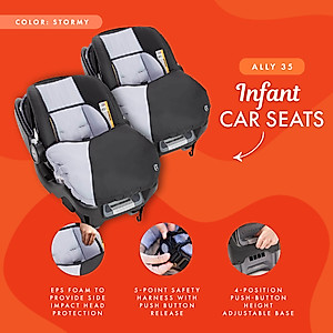 Baby Trend Ally Newborn Baby Infant Car Seat Carrier Travel System with Harness and Extra Cozy Cover for Babies Up to 35 Pounds, 2-Pack, Stormy