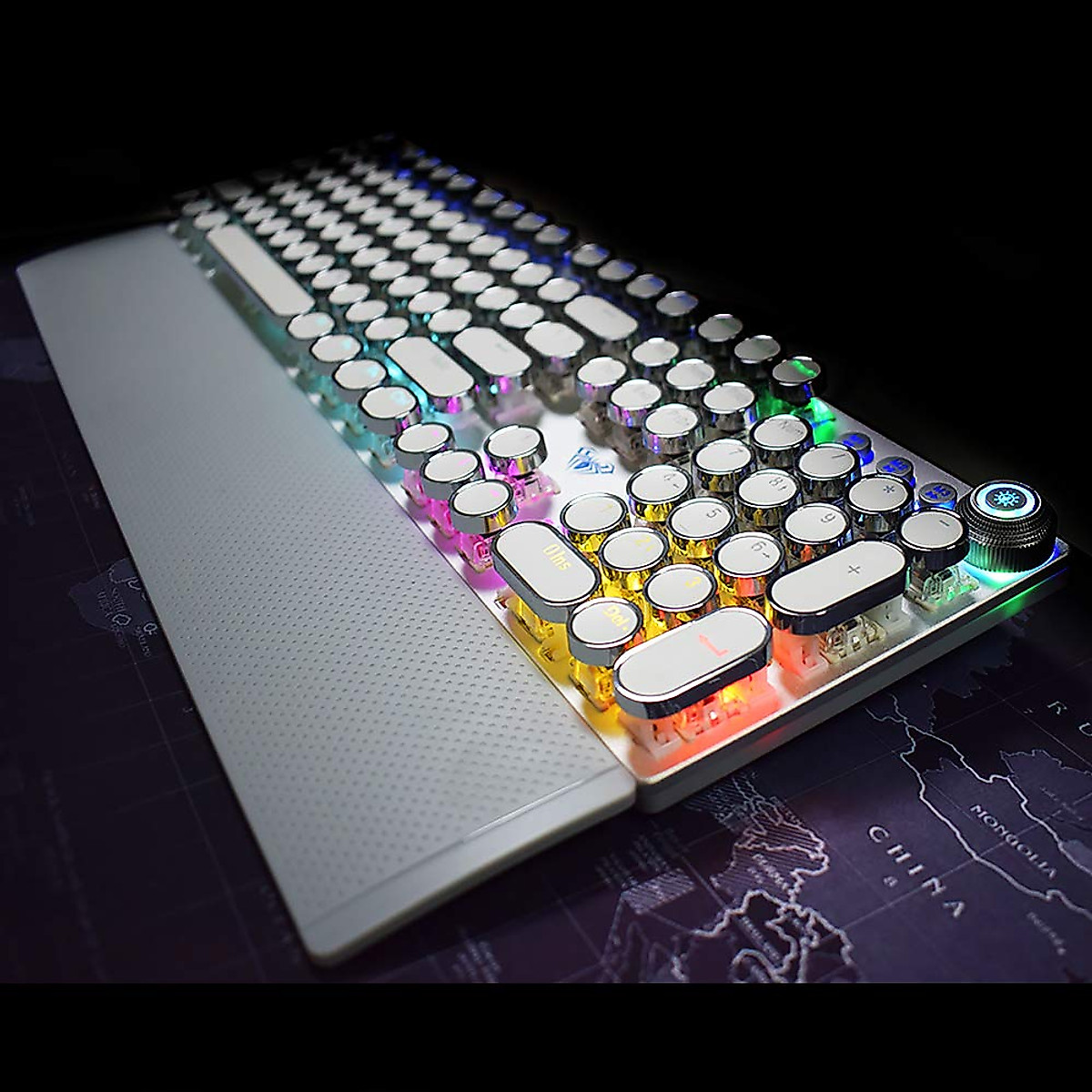 CHICHEN Mechanical Gaming Keyboard,USB Wired,Retro Steampunk Typewriter Keyboard Round Keycaps,Moveable Wrist Rest,for Laptop Desktop PC (Silver-Blue Switches)