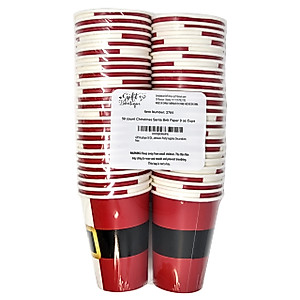 50 Disposable Christmas Santa Belt Cups 9 Oz. Xmas Red & Black Santa's Belts Design Drinking Paper Cup Winter Beverage Drink Dinnerware for Festive Holiday Tableware Party Supplies Decorations