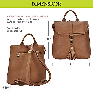 Miztique The Diana Backpack Purse for Women, Flap Over Tote Bag, Soft Vegan Leather - Tan