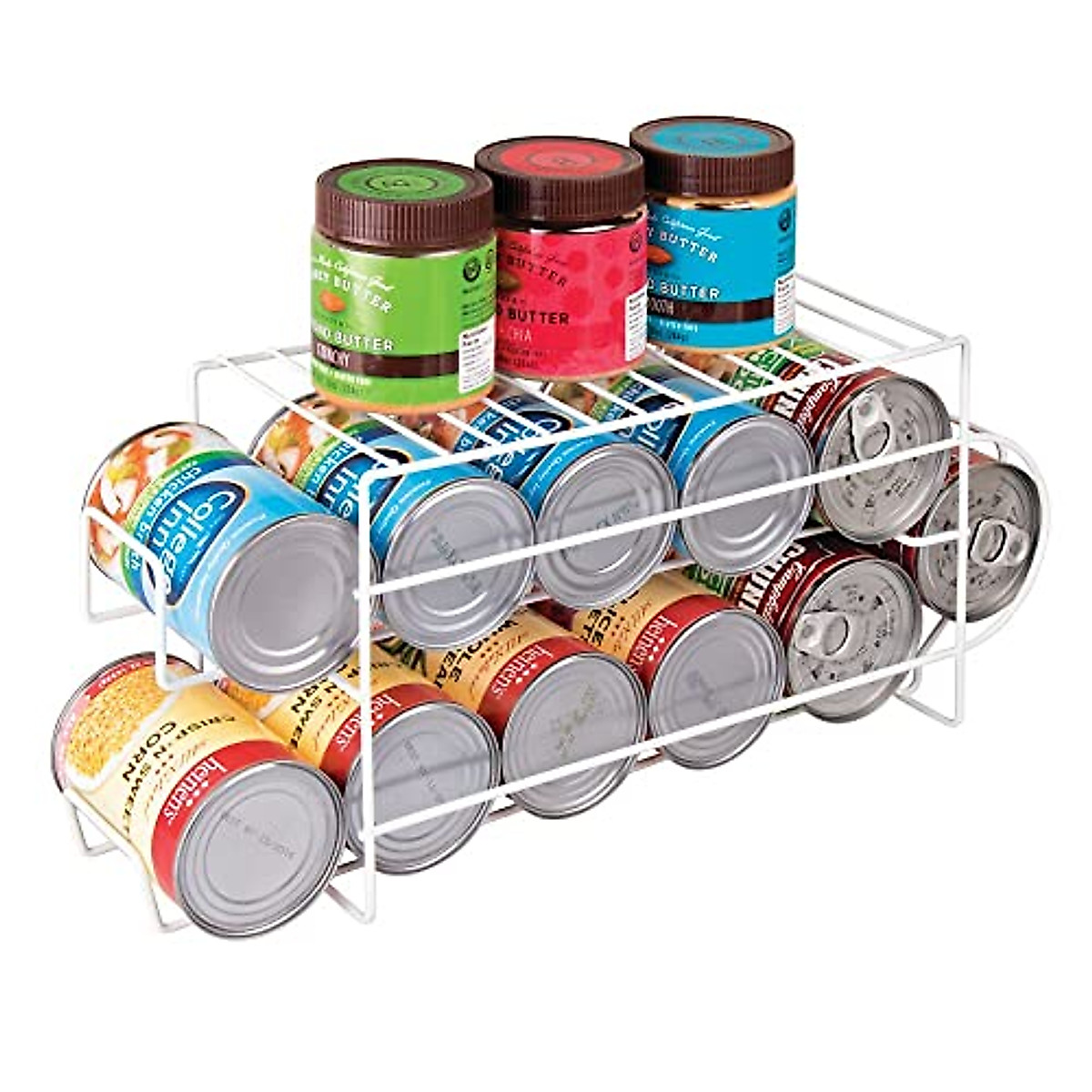 mDesign 2-Tier Metal Wire Standing Pop/Soda and Food Can Dispenser Storage Rack Organizer with Top Shelf for Kitchen Pantry, Countertop, Cabinet - Holds 12 Cans - 2 Pack - White