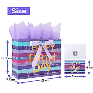 13" Large Purple-blue Multicolor Watercolor Gift Bag Set with Greeting Card and Lavender Tissue Papers (Gold Foil ‘Happy Birthday’) for Women's or Men's Birthday Party, Girls', Boys' or Kids' Party,