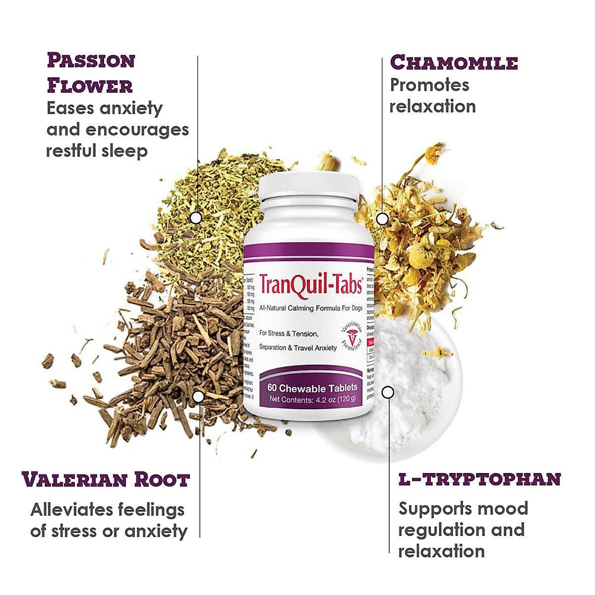 TranQuil-Tabs for Dogs - Contains Chamomile, L-Tryptophan, and Melatonin - Relieves Stress and Tension - Ease Travel and Separation Anxiety - 60 Tabs