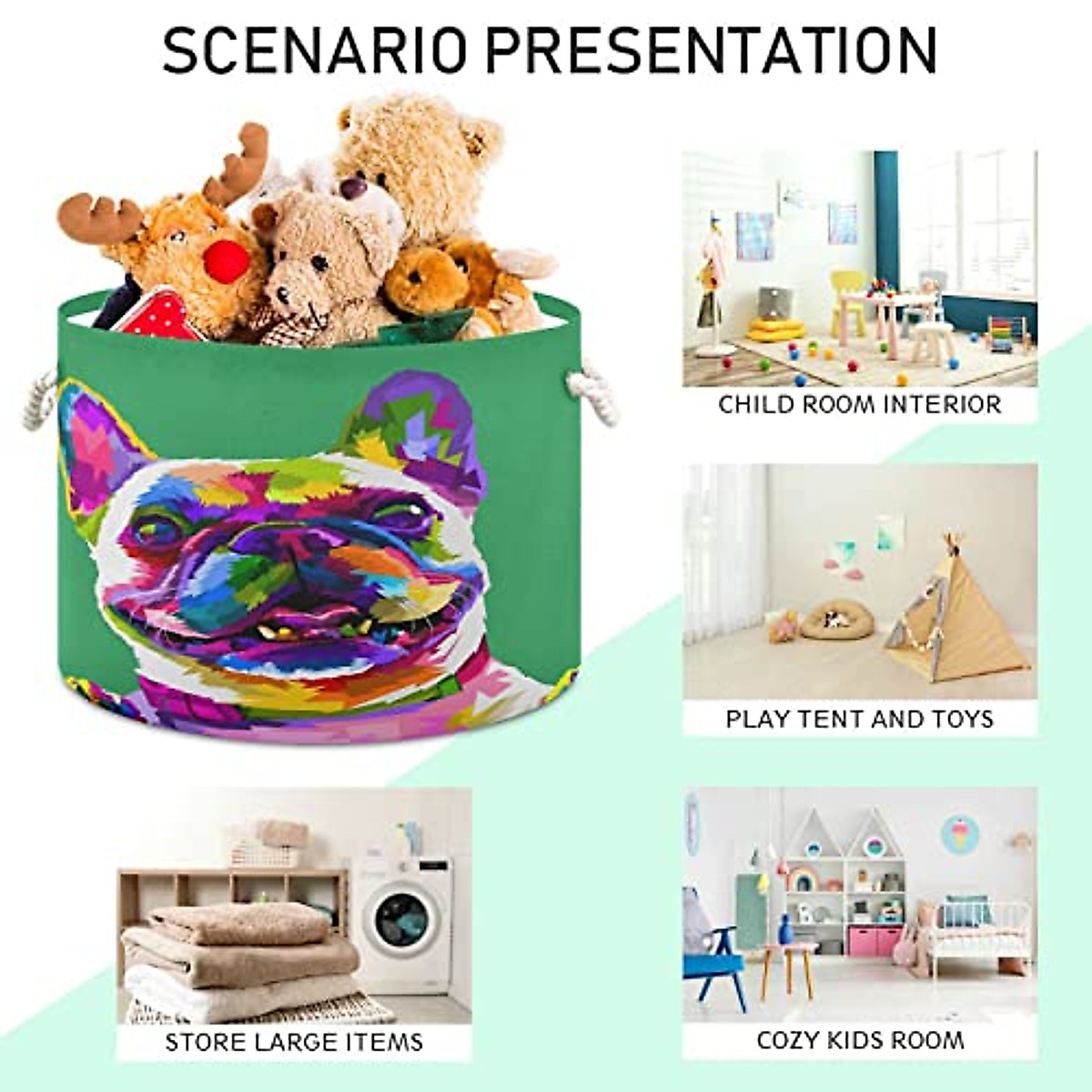 xigua French Bulldog on Green Background Large Round Storage Basket 20 x14 Inches Collapsible Round Storage Bin, Laundry Basket Organizer for Towels, Blanket, Toys, Clothes